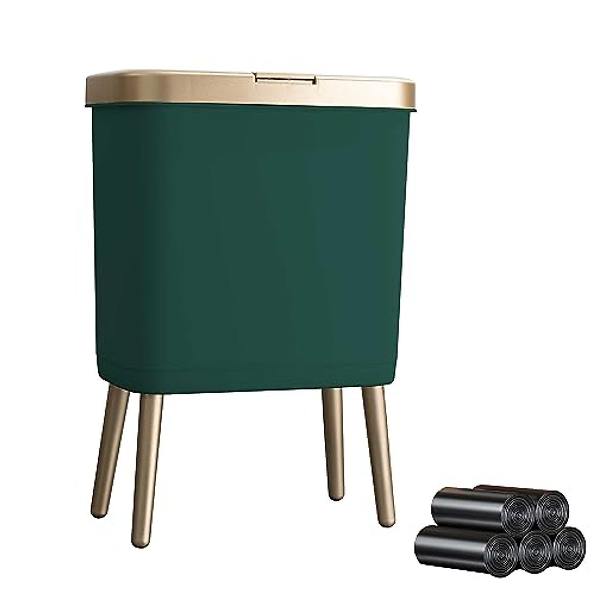 JOSUCLEN Bathroom Trash Can with Lid, Modern Bedroom Garbage Can with Gold Edge, 4 Gallon Trash Bin Plastic Waste can for Office, Narrow Garbage Can with Legs