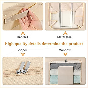 FAikhom 3 Pack Stackable Storage Bins- Foldable Metal Frame Storage Box Oxford Fabric Stackable Clothes Container Organizer with clear Window & Carry Handles (66L, Beige)