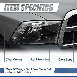 Auto Dynasty Quad Halogen Headlights Assembly Compatible with Dodge Ram 1500-5500 (New Body Style) 2009-2018, Driver and Passenger Side, Black Housing Clear Corner