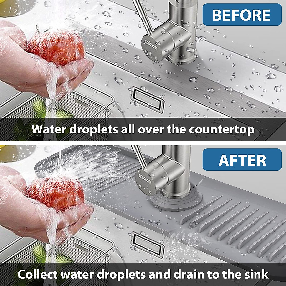 Kitchen Sink Splash Guard, Silicone Faucet Handle Drip Catcher Tray Fits the Faucet Tube within 2.5", Kitchen Sponge Holder Faucet Absorbent Sink Protectors Mat (17.7" x 5.5")