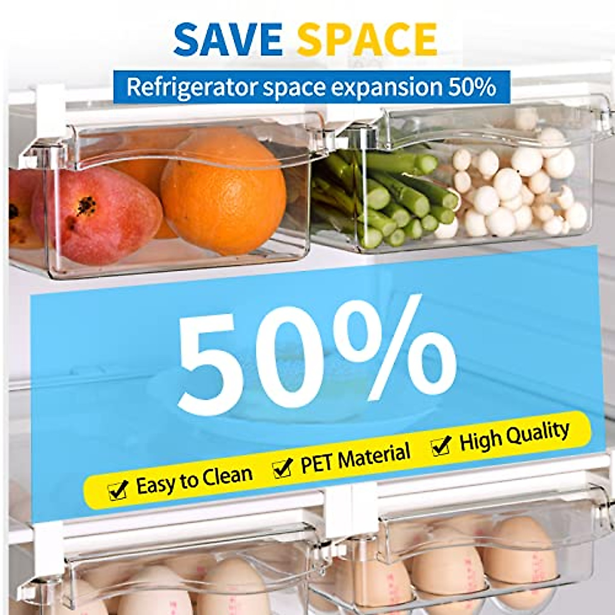 VVLIAM 2 PACK Refrigerator Organizer Bins fridge drawer organizer with Handle, Egg Holder For Refrigerator and fruit containers for fridge pull out cabinet organizer Fit for Fridge Shelf Under 0.6"