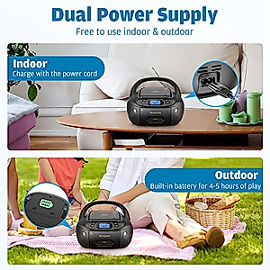Portable CD Player with Bluetooth, Hernpark Rechargeable Boombox CD Cassette Player Combo with FM Radio Built-in Stereo Sound System/Super Bass/AUX Input/USB Playback/Headphone Jack Output