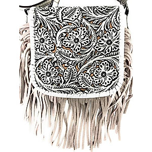 Texas West Western Genuine Leather Cowgirl Crossbody Messenger Fringe Laser Cut Purse Bag in 5 colors (White)