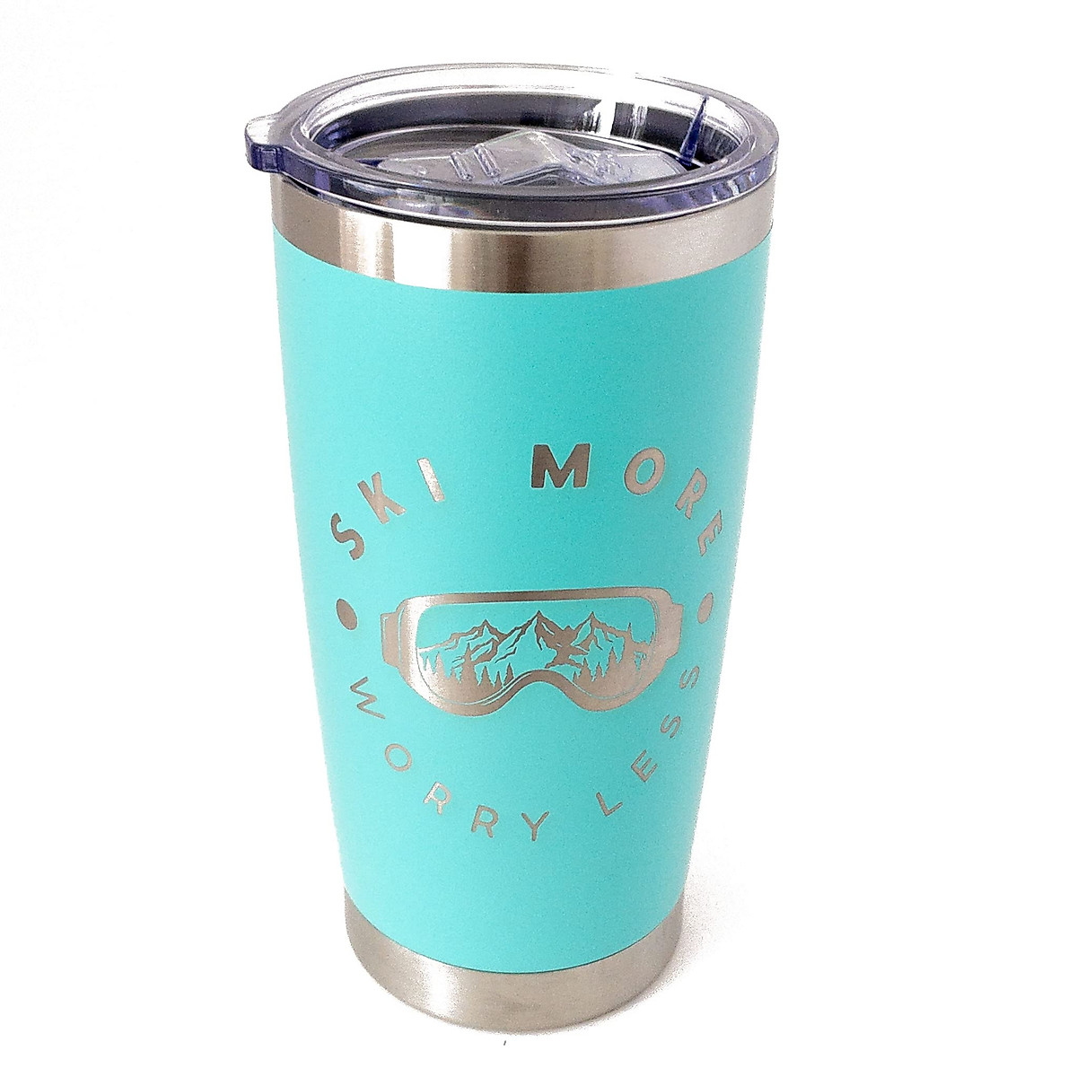 Ski More Worry Less 20oz Coffee Tumbler (Teal), Skiing Gifts for Women, To Go Travel Coffee Mug, Snow Ski Accessories Fun