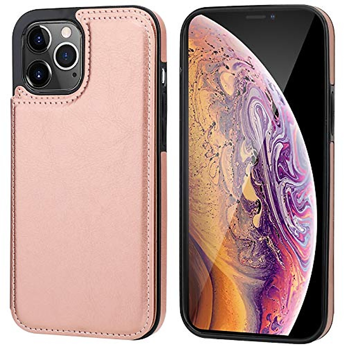 ONETOP Compatible with iPhone 12 Pro Max Wallet Case with Card Holder,PU Leather Kickstand Card Slots Case, Double Magnetic Clasp and Durable Shockproof Cover 6.7 Inch(Rose Gold)