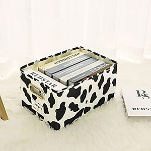 ANMINY Fabric Storage Bin Cow Print Cotton Linen Foldable Open Storage Basket Box with Handles PP Plastic Board Label Window Decorative Washable Desktop Closet Shelf Organizer Container - Medium