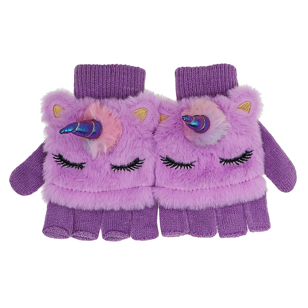 Newfancy Kids Girls Cute Glitter Unicorn Beanie Winter Hat and Glove Set Knitted Earflap Cap Flip Top Mitten Set Purple One Size