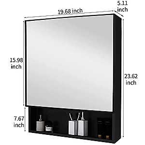 YEPOTUE Mirrored Medicine Cabinet, 23.6" x19.6 Black Bathroom Medicine Cabinet Wall Mounted Space Aluminum Storage, Water, and Rust Resistant, Surface Mount