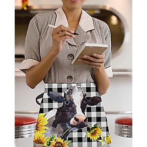 RisQiten Farm Cow Waitress Apron for Women/Men with 3 Pockets, Farmhouse Sunflower Black amd White Plaid Server Aprons Waterproof Kitchen Cooking Half Waist Apron