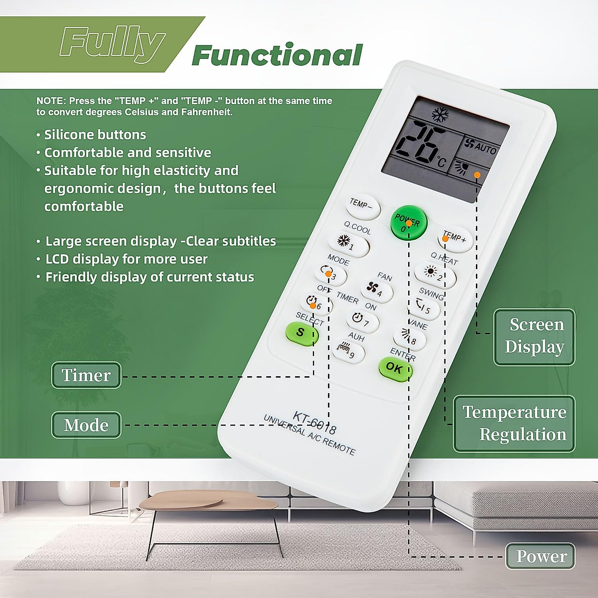 Universal AC Remote Control - 6000 in 1 LCD A/C Conditioning Controller for Multiple Brands Including Mitsubishi, Toshiba, Hitachi, Fujitsu, Daewoo, LG, Samsung, Electrolux, Sanyo, and AUX
