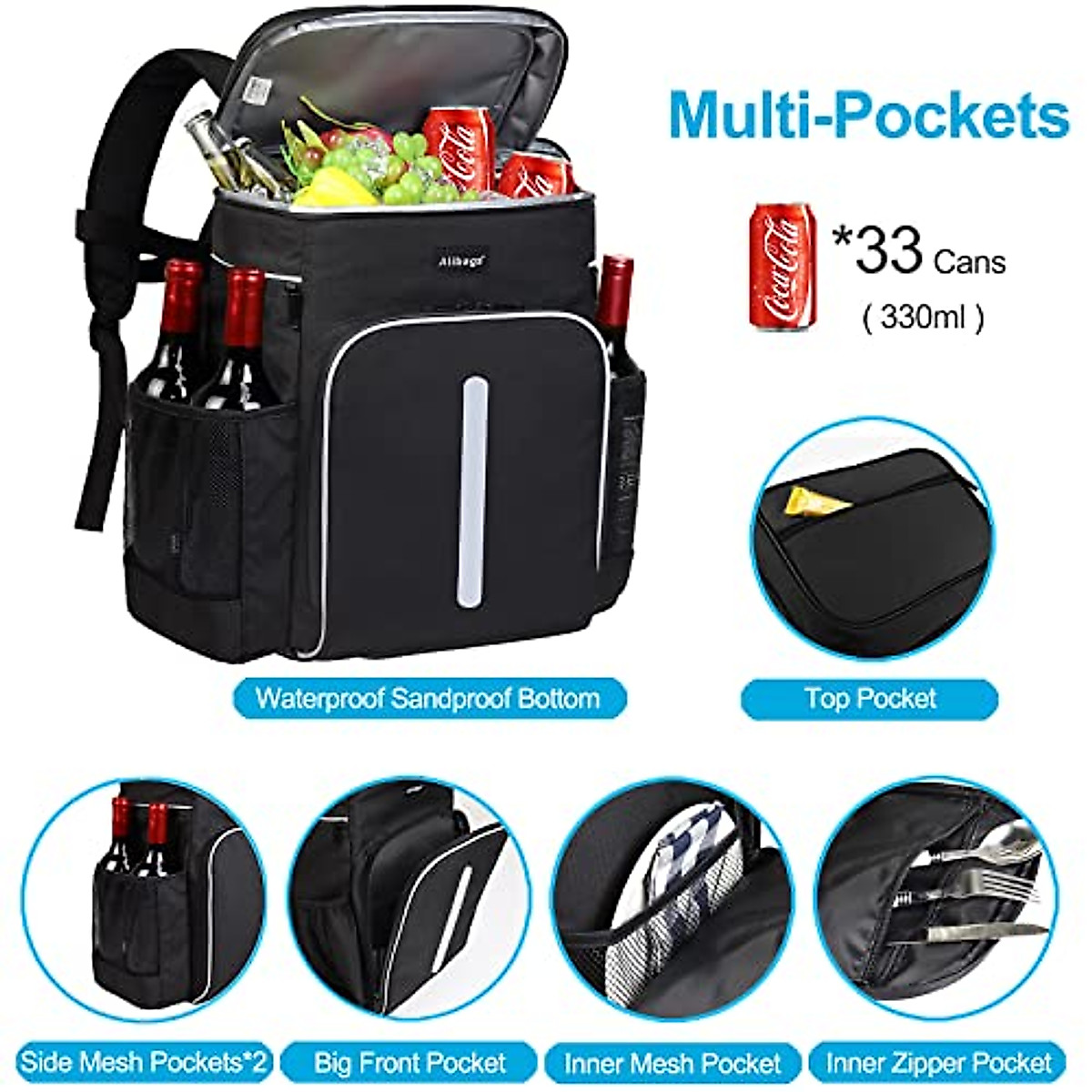 Alibags Cooler Backpack 33 Cans Insulated Waterproof & Leak Proof Lightweight Hiking Beach Lunch Travel Camping for Men and Women (Black)