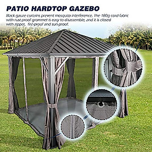 Peak Home Furnishings 10Ft x 10Ft Patio Hardtop Gazebo Outdoor Aluminum Pergola with Galvanized Steel Roof Canopy, Polyester Curtain and Mosquito Net
