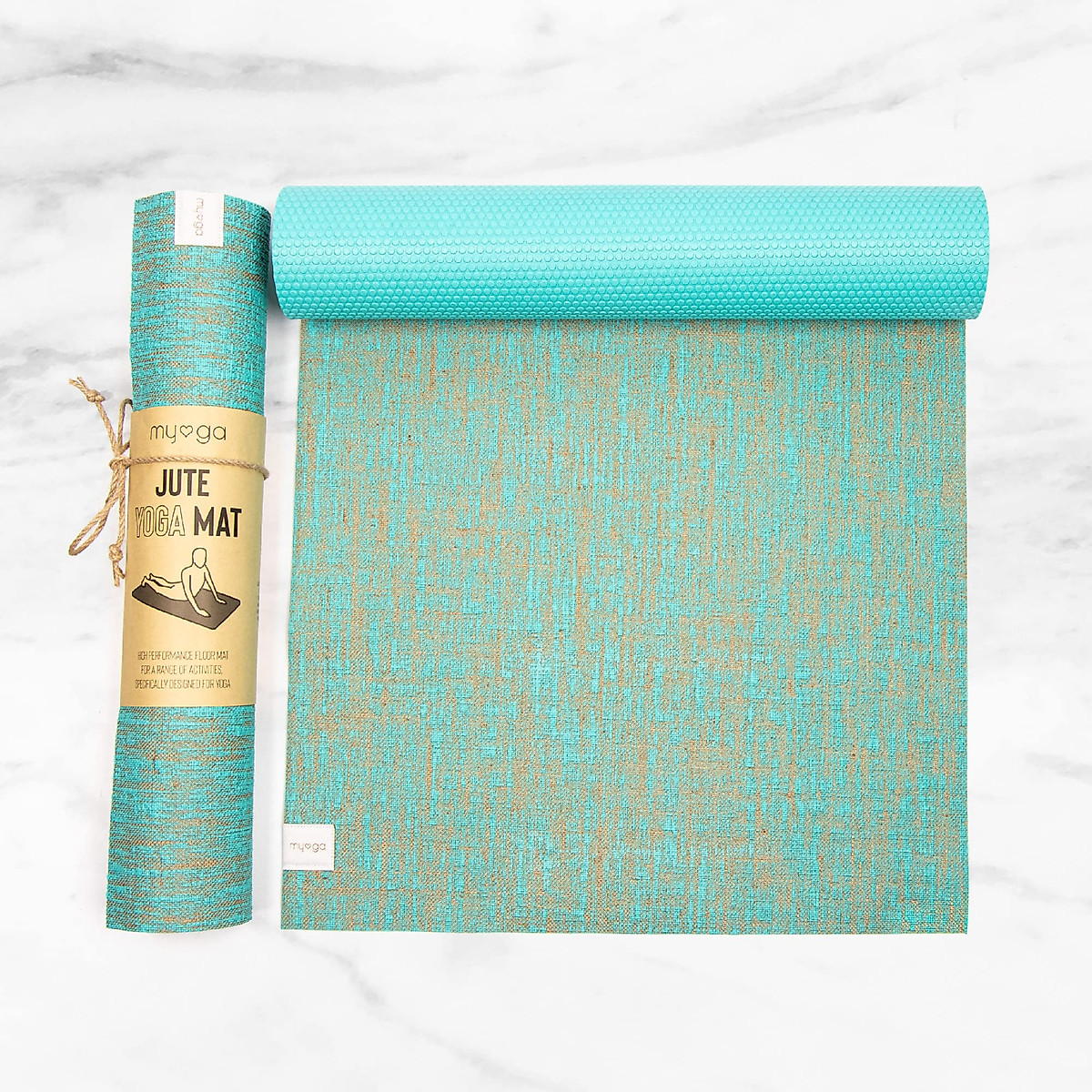 Myga Jute Yoga Mat - High Performance Vegan Floor Exercise Mat - Eco Friendly Biodegradable Yoga Mat with PVC Backing - 72" x 24" - 0.2" Thickness Aqua