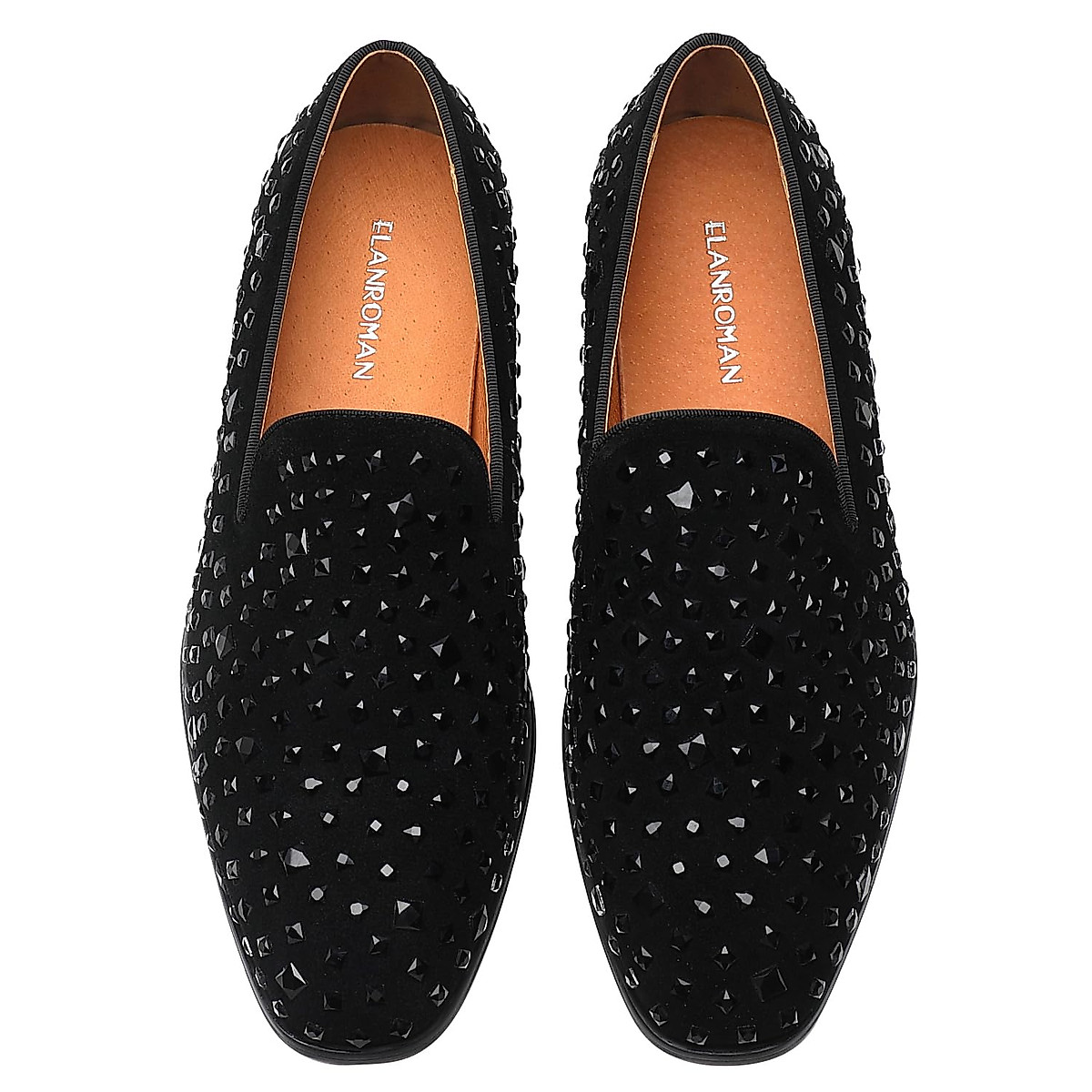 ELANROMAN Loafers Men Black Dress Fashion Tuxedo Rhinestones Slip-on Moccasins Wedding Shoes US 10.5