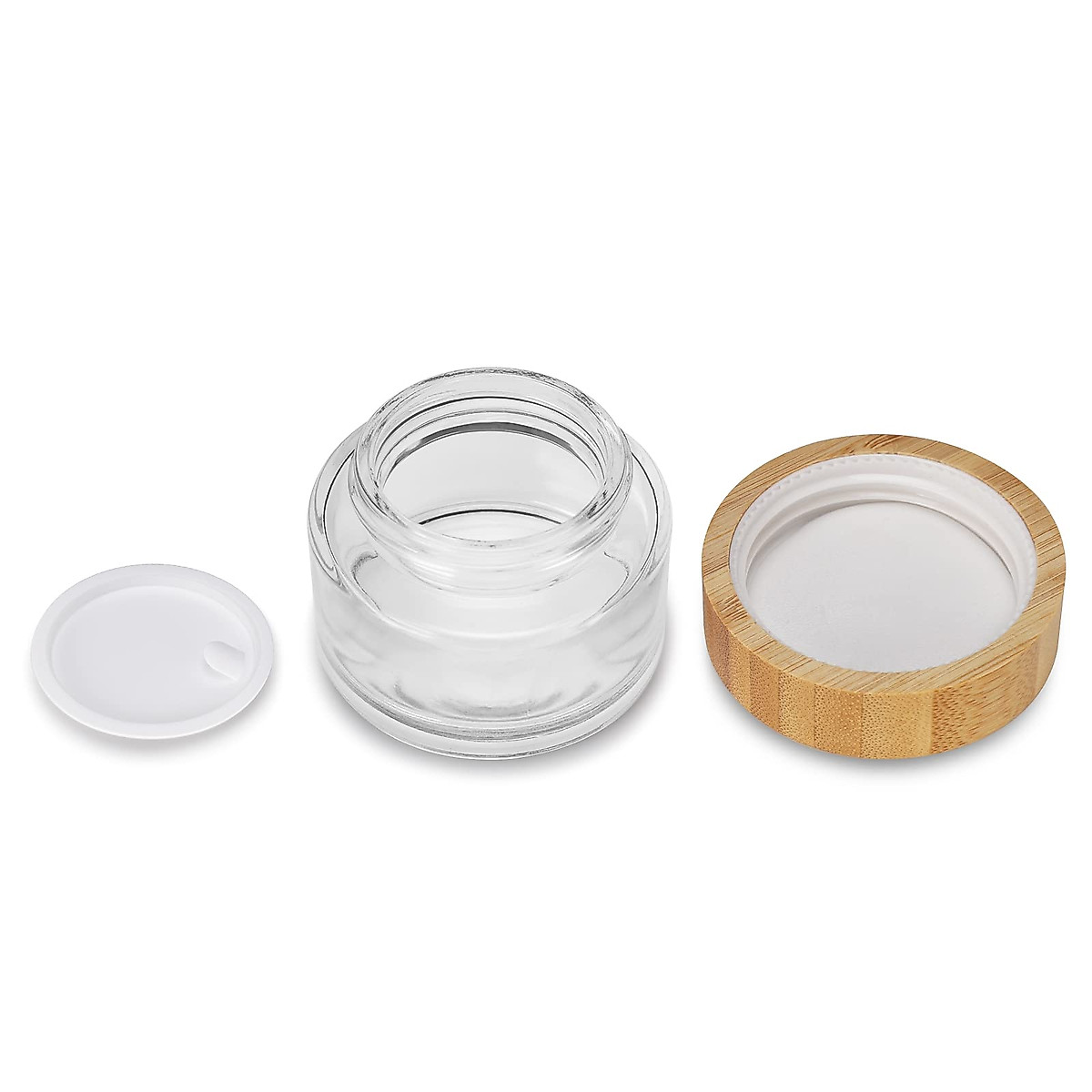 1.7 OZ/50 ML Clear Round Glass Jars with Bamboo Wood lids and Inner Liners, Travel Glass Jars, Refillable Cosmetic Containers for Lip Balm, Ointments, Lotion, Makeup, Eyeshadow, Slime, Paint and