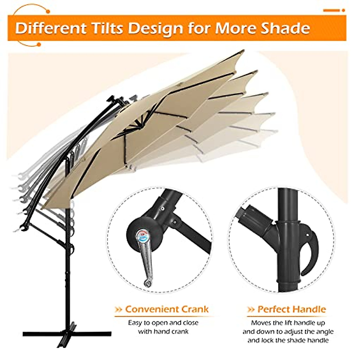 AECOJOY 10FT Patio Outdoor Umbrella with Solar Powered LED Hanging Offset Umbrella with Cross Base, 24 LED Lights for Backyard, Beige