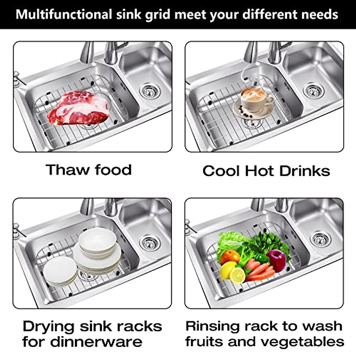 ARLBA 2Pack 304 Stainless Steel Sink Protector for Double Kitchen Sink Rear Drain,(13"x16"& 11.26"x14.5") Metal Sink Grid Sink Grate Sink Rack for Bottom of Kitchen Sink w/Sink Strainers Rubber feet