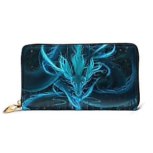 ZHRYMIFE Blue Dragon And Girl Women Leather Long Wallet with Zipper Clutch Travel Credit Card Holder Purse Black One Size