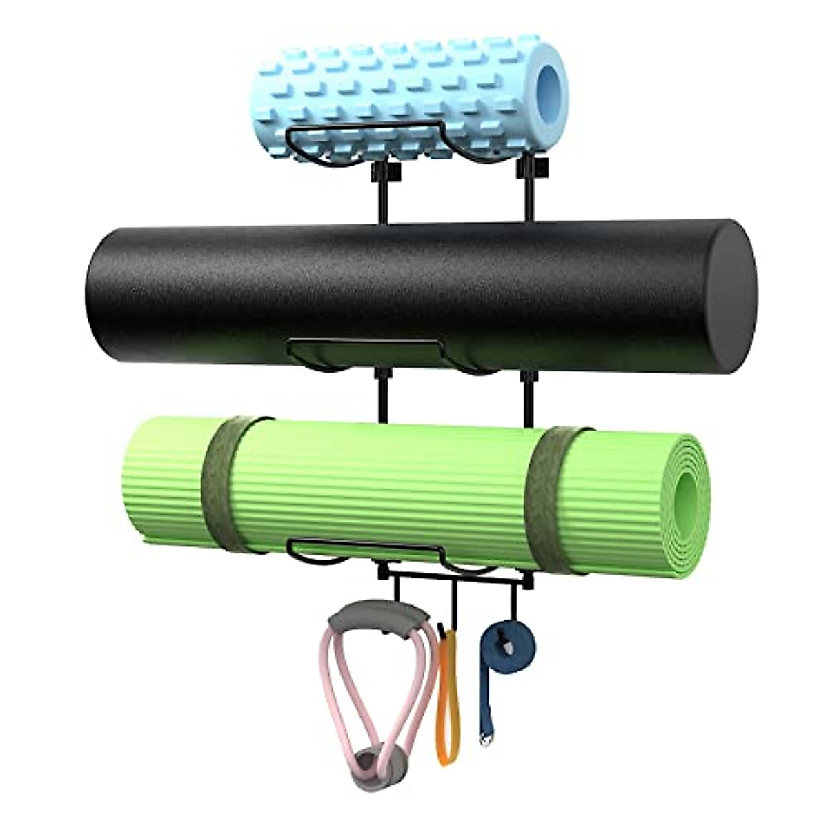 Suchek Yoga Mat Holder Wall Mount, Wall Rack Storage for Yoga Mat, Yoga Tiles, Foam Roller, with 3 Hooks for Hanging Yoga Strap, Resistance Bands, Home Gym Decor for Home Gym Organization (Black)