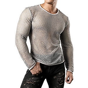 JOGAL Men's Mesh Fishnet Fitted Long Sleeve Muscle Top X-Large WG04 Grey