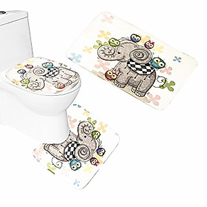Amagical 16 Piece Bathroom Mat Set Shower Curtain Set Cute Cartoon Elephant and Owls On a Floral Background Bath Mat Contour Mat Toilet Cover Shower Curtain with 12 Hooks