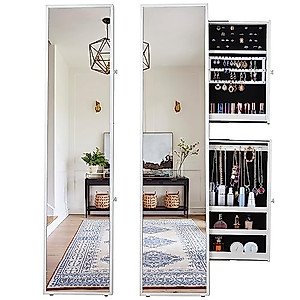 BOSTANA Standing Jewelry Organizer Armoire With 2 Push-Pull Jewelry Cabinet,Anti-trpinig Leaning Full Length Mirror,Body Mirror with 2 Jewelry Drawer For Girls,Women, Bedroom Decoration,Gift