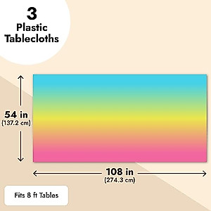Sparkle and Bash 3 Pack Plastic Ombre Rainbow Tablecloth, Pastel Table Covers for Birthday Party Decorations (54x108 in)