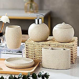 Artchirly 5 Piece Bath Accessory Set for Vanity Countertops,White Sandstone Color,Made of Cement Luxury Ensemble Dish,Lotion Dispenser,Soap Dish,Tooth Mug,Toothbrush Holder and Storage Can (5)