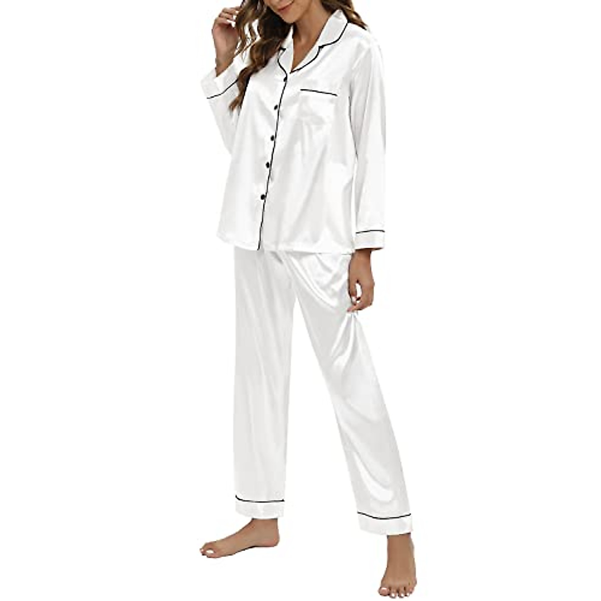 HPWUZK Pajamas for Women, Silk Satin Pajama Sets for Women Soft, Button Down Womens Loungewear Set with Pockets White
