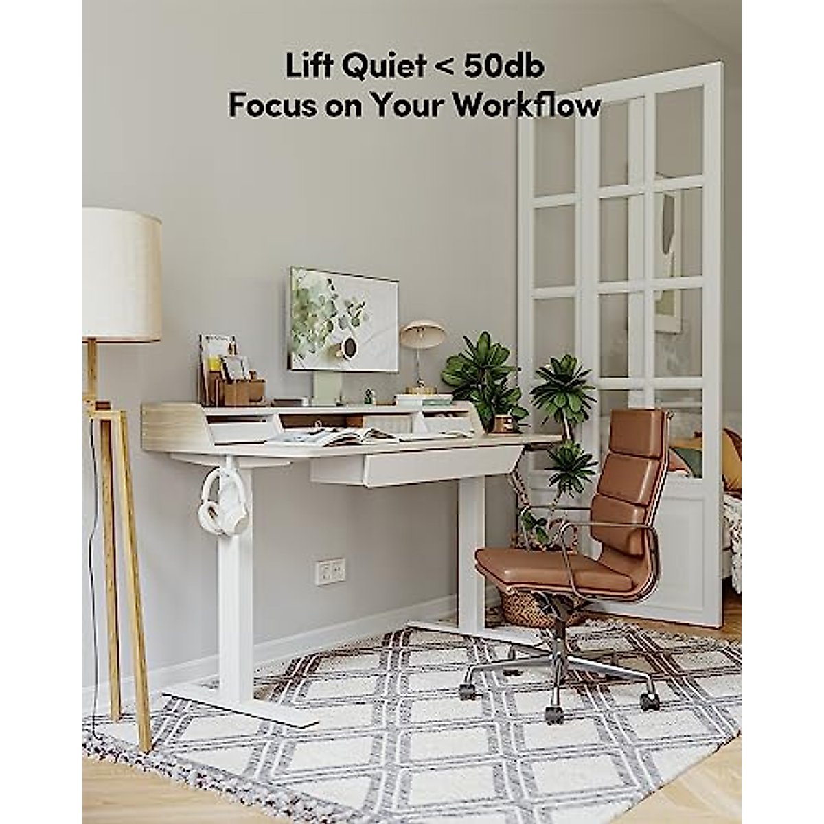 BANTI Height Adjustable Electric Standing Desk with Three Drawers, 48 x 25 Inch Table with Storage Shelf, Sit Stand Desk with Storage Space, Splice Board with White Frame/Light Walnut Top, 48 inch