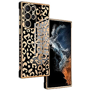 Fiyart Designed for Samsung Galaxy S22 Ultra Case Cheetah Print Design for Women Girls Soft TPU Plating Full Camera Lens Protection Leopard Print Phone Cover Bumper for S22 Ultra 6.8"-Black