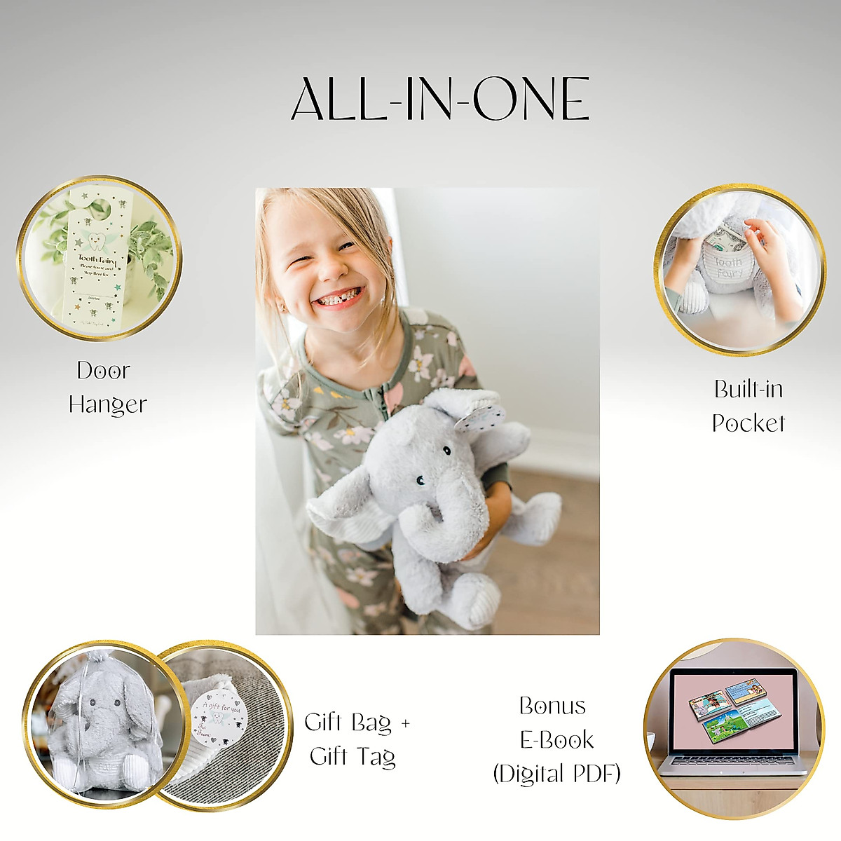 YOLLIT Little Robbie Co. Elephant Tooth Fairy | Girls | 10" Tooth Fairy for Boy | Tooth Fairy Kit w/Door Hanger & E-Book | Tooth Fairy Gifts | Tooth Holder Pouch for Tooth Fairy for Boys