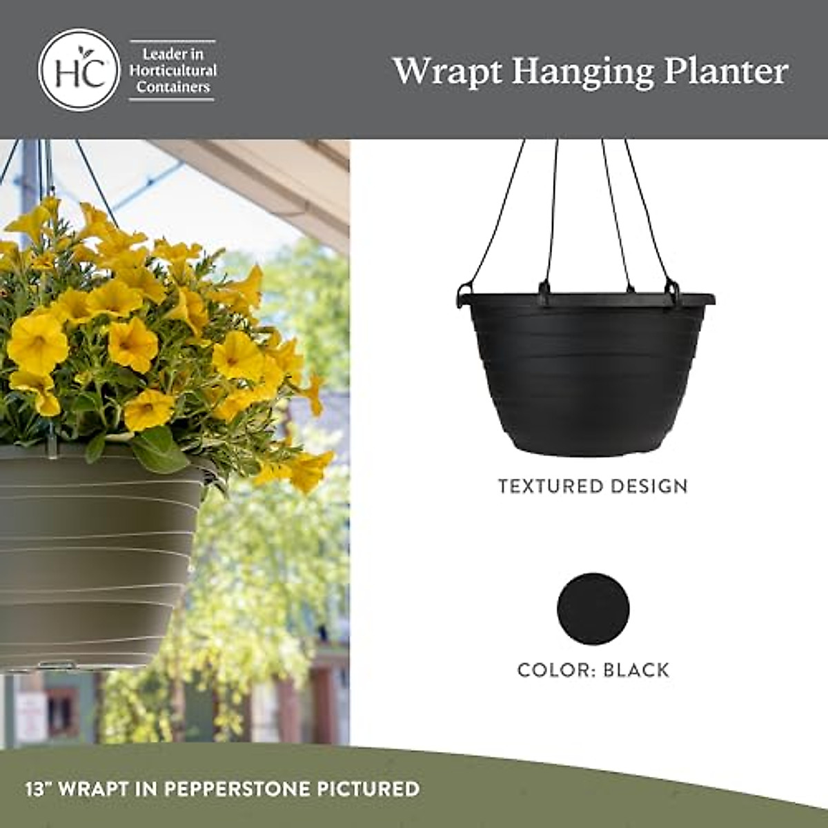 The HC Companies 13 Inch Wrapt Hanging Planter - Lightweight Outdoor Plastic Hanging Basket for Plants, Herbs, Flowers, Black