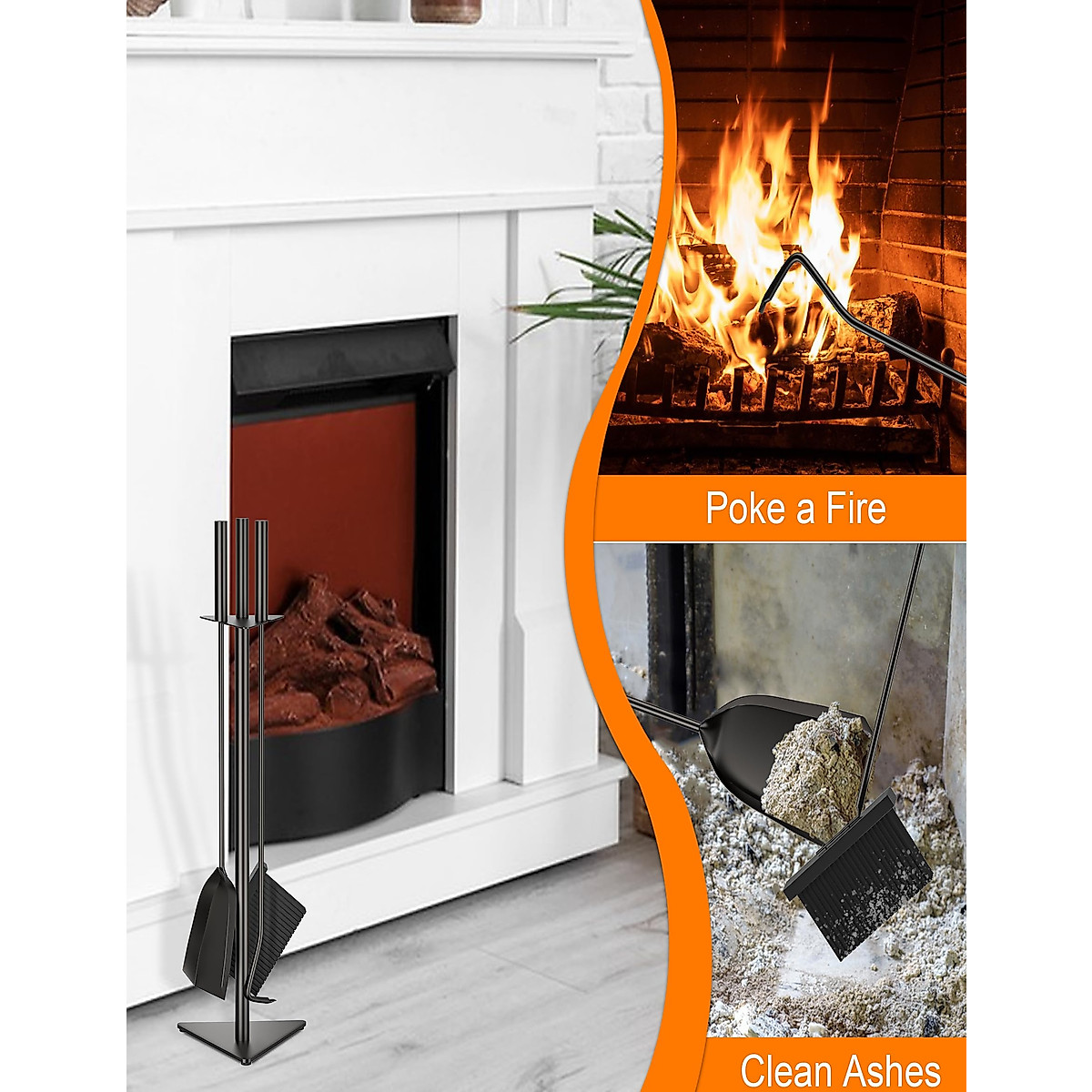 VODA Fireplace Tools Set, 4 Pcs 22.8 Inch Fireplace Tools Black Cast Iron Small Outdoor/Indoor Fireplace Accessories with Poker, Shovel, Broom, Fireplace Tool Stand