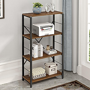 FOLUBAN Modern Bookshelf, 4 Tier Open Display Storage Book Shelf Organizer, Industrial Metal and Wood Bookshelves and Bookcases for Living Room Bedroom Office, Rustic Walnut