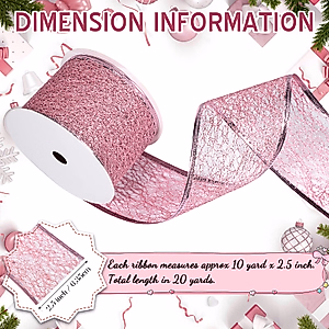 MTLEE 2 Rolls 20 Yards Valentine Ribbon Wired Pink Metallic Glitter Lace Ribbon for Xmas Crafts Floral Bow Making DIY Gift Wrapping Wedding Party Decor(2.5 Inch)