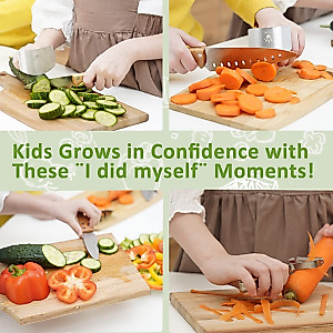 Kibbidea Kids Knife Set for Real Cooking 4-Pieces, Stainless Steel Kids Chef Knife Set with Wooden Handle, Kids Friendly Chef Knife for Cutting, BPA-free Kitchen Knives for Kids