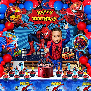 Red Spider Hero Balloons Party Supplies Arch Garland Kit, Red Spider Backdrop, Tablecloth, Cupcake Toppers,for Baby Shower Birthday Graduation Anniversary Party Decorations