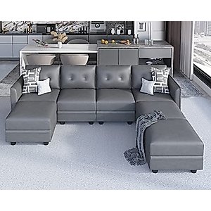 LLappuil Modular Sectional Sofa with Reversible Chaise, Faux Leather Fabric 7 Seater Modular Sofa with Storage, Convertible U Shape Sectional Couch with Ottomans, Dark Grey
