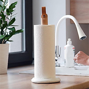 Paper Towel Holder Countertop - Auolis Wooden Paper Towel Rack - Stand Kitchen Accessories Paper Towels Rolls Dispenser with Leather Handle & Cement Base ,for Bathroom and Farmhouse(White)