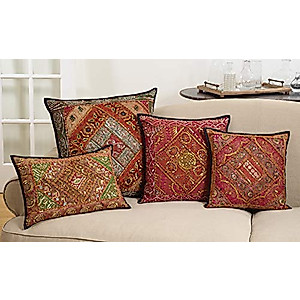 SARO LIFESTYLE Collection Cotton Handmade Sari Sitara Pillow with Down Filling, 14" x 22", Multi