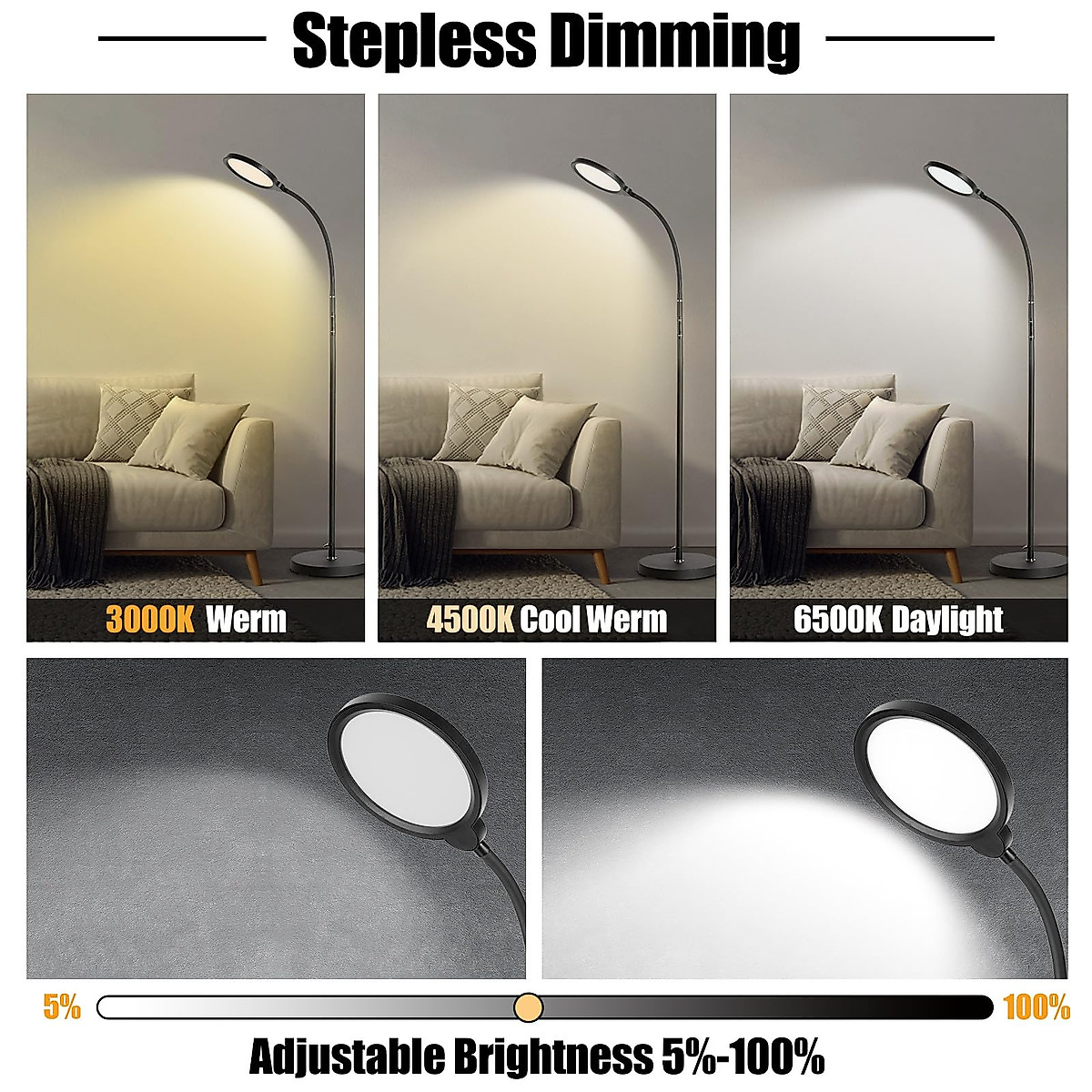 YOPSTAR Floor Lamp, LED Reading Light, Bright Modern Tall Lamp, 3 Color Temperatures & Brightness, Adjustable Gooseneck Standing Lamp with Remote & Touch Control for Living Room, Bedroom, Office