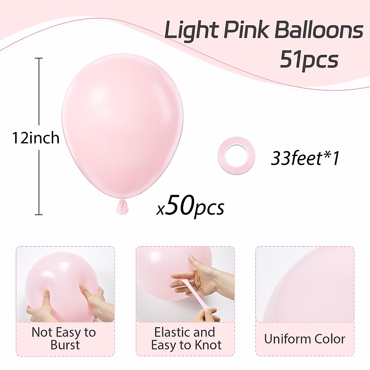 Awenztech Light Pink Balloons 12 inch, Pastel Pink Latex Balloons 50pcs Party Balloons for Graduation Bridal Baby Shower Gender Reveal Birthday Party Decorations