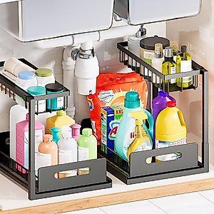 VUSIGN Under Sink Organizer and Storage 2 Pack, Slide Out Cabinet Organizer, Pull Out Sink Shelf for Kitchen Bathroom Laundry, Black