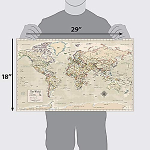 Antique Laminated World Map & US Map Poster Set - 18" x 29" - Wall Chart Maps of the World & United States - Made in the USA - (LAMINATED, 18" x 29")