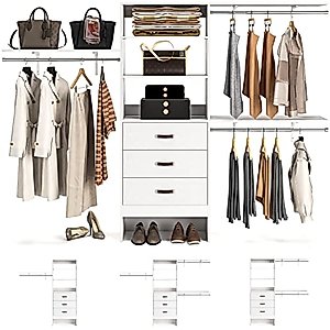 Armocity 96 Inches Closet System, 8FT Walk In Closet Organizer with 3 Shelving Towers, Heavy Duty Clothes Rack with 3 Drawers, Built-In Garment Rack, 96" L x 16" W x 75" H, Max Load 1000 LBS, White