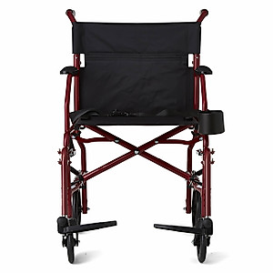 Medline Ultra Lightweight Transport Wheelchair for Adults, Foldable, 19-Inch Seat Width, Red Frame, Black Upholstery