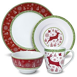 Pfaltzgraff Dancing Snowflakes Dinnerware Set (16 Piece) Red, White