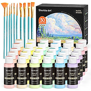 Shuttle Art 40 Pack Pastel Acrylic Paint Set, 30 Colors, 60ml/2oz Bottles, High Viscosity, Water-proof Paint With 10 Paint Brushes for Painting &Crafting on Canvas, Rock, Ceramic, Fabric
