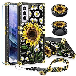 KANGHAR Designed for Samsung Galaxy S21 5G Case Sunflower with Tempered Glass Screen Protector Lanyard Strap Ring Holder Kickstand for Women Girls Flower Daisy Square with Finger Grip Stand 6.2"